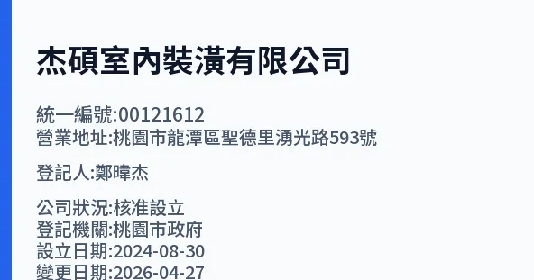 杰碩室內裝潢有限公司的照片-統編 00121612(桃園市) 公司登記資料與營業項目詳細圖表