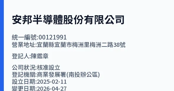 安邦半導體股份有限公司的照片-統編 00121991(宜蘭縣) 公司登記資料與營業項目詳細圖表
