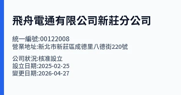 飛舟電通有限公司新莊分公司的照片-統編 00122008(新北市) 公司登記資料與營業項目詳細圖表