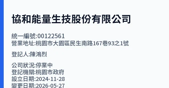 協和能量生技股份有限公司的照片-統編 00122561(桃園市) 公司登記資料與營業項目詳細圖表