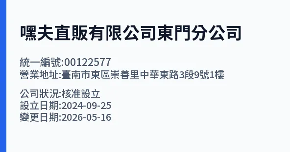 嘿夫直販有限公司東門分公司的照片-統編 00122577(臺南市) 公司登記資料與營業項目詳細圖表