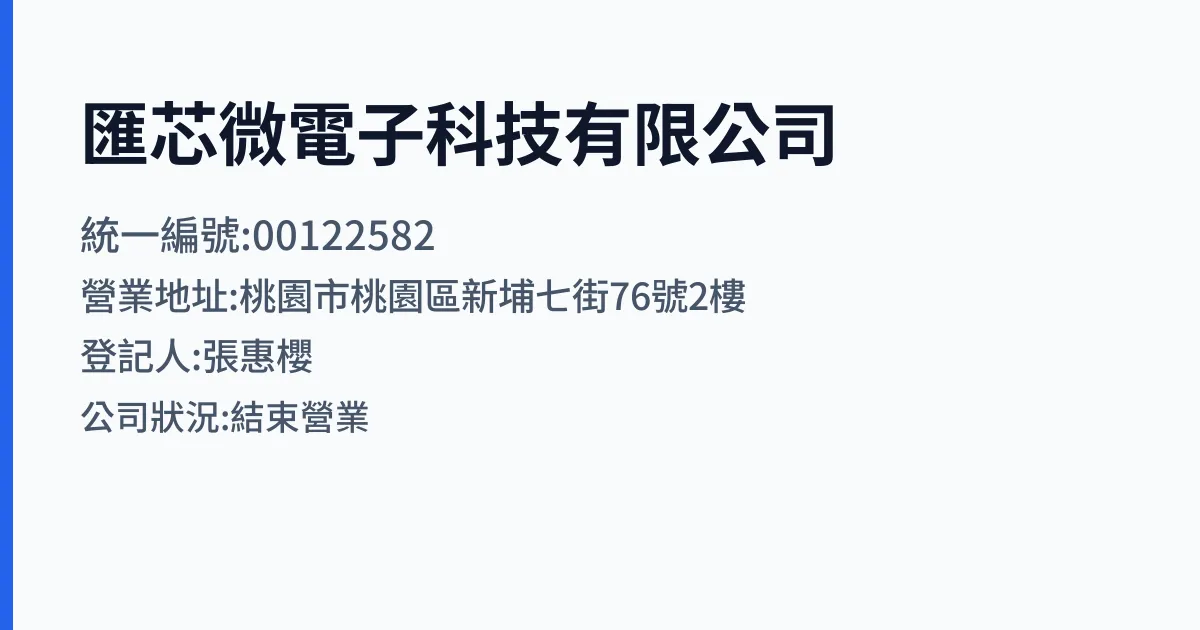 匯芯微電子科技有限公司 - 統編 00122582(桃園市) 公司登記資料與營業項目詳細圖表
