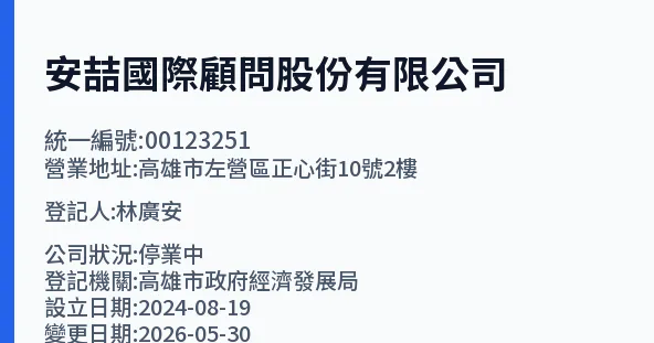 安喆國際顧問股份有限公司的照片-統編 00123251(高雄市) 公司登記資料與營業項目詳細圖表
