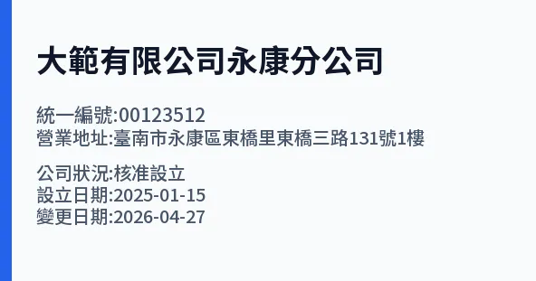 大範有限公司永康分公司的照片-統編 00123512(臺南市) 公司登記資料與營業項目詳細圖表