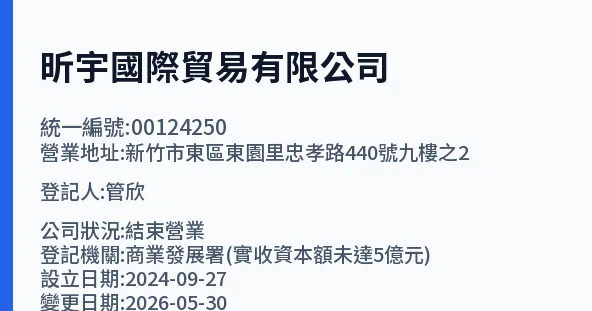 昕宇國際貿易有限公司的照片-統編 00124250(新竹市) 公司登記資料與營業項目詳細圖表
