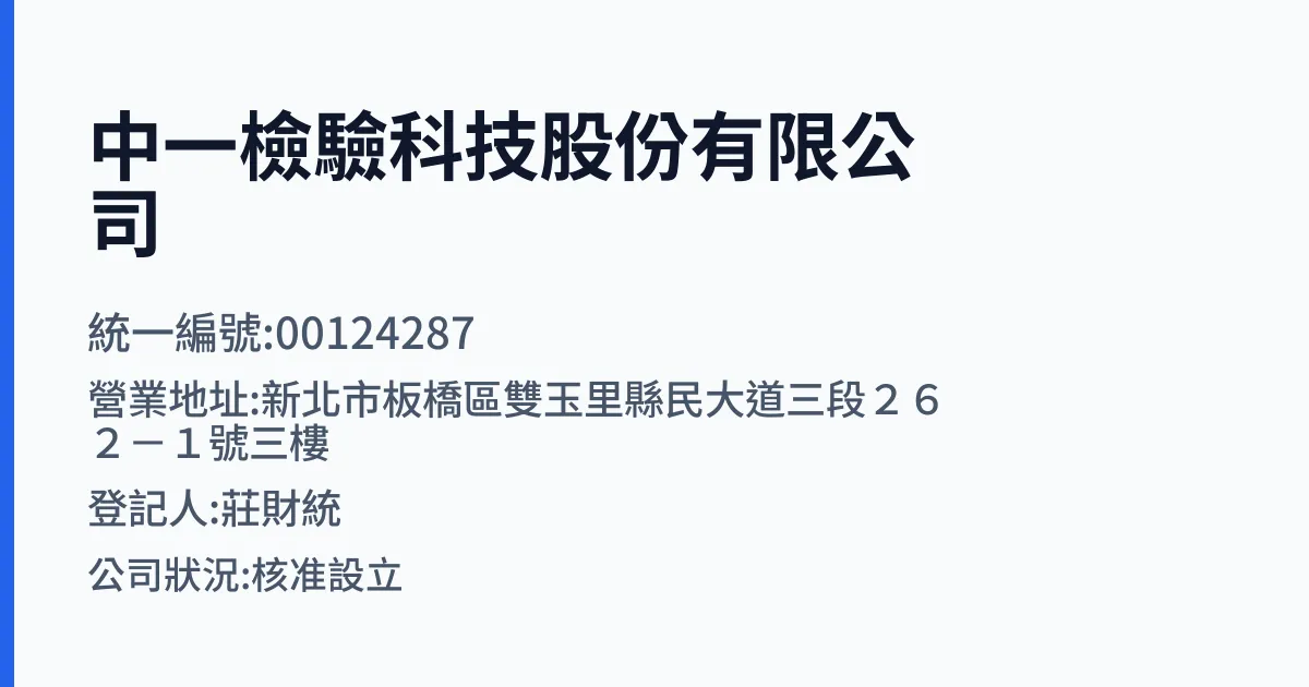 中一檢驗科技股份有限公司 - 統編 00124287 (新北市) 公司登記資料與營業項目詳細圖表