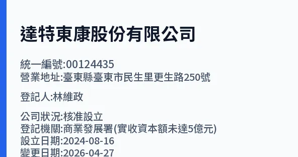 達特東康股份有限公司的照片-統編 00124435(臺東縣) 公司登記資料與營業項目詳細圖表
