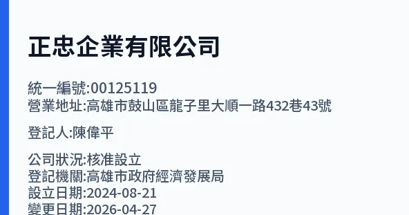 正忠企業有限公司的照片-統編 00125119(高雄市) 公司登記資料與營業項目詳細圖表