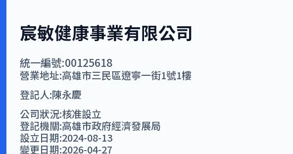 宸敏健康事業有限公司的照片-統編 00125618(高雄市) 公司登記資料與營業項目詳細圖表