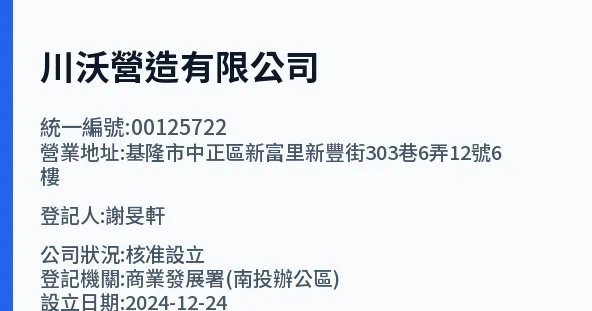 川沃營造有限公司的照片-統編 00125722(基隆市) 公司登記資料與營業項目詳細圖表