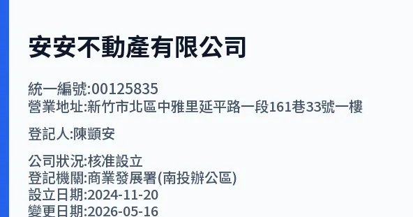 安安不動產有限公司的照片-統編 00125835(新竹市) 公司登記資料與營業項目詳細圖表