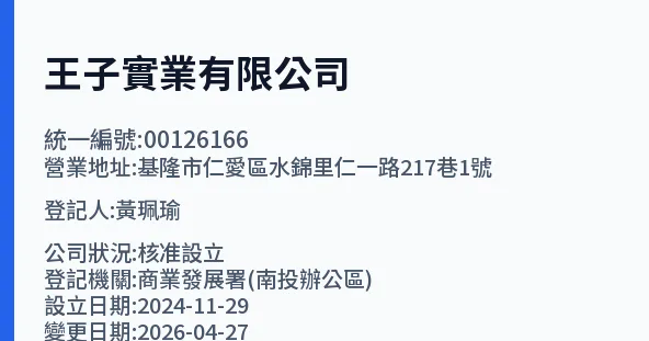 王子實業有限公司的照片-統編 00126166(基隆市) 公司登記資料與營業項目詳細圖表