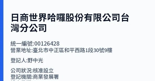 日商世界哈囉股份有限公司台灣分公司的照片-統編 00126428(臺北市) 公司登記資料與營業項目詳細圖表