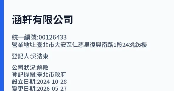 涵軒有限公司的照片-統編 00126433(臺北市) 公司登記資料與營業項目詳細圖表