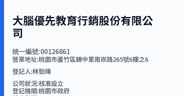 大腦優先教育行銷股份有限公司的照片-統編 00126861(桃園市) 公司登記資料與營業項目詳細圖表