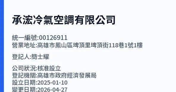 承浤冷氣空調有限公司的照片-統編 00126911(高雄市) 公司登記資料與營業項目詳細圖表