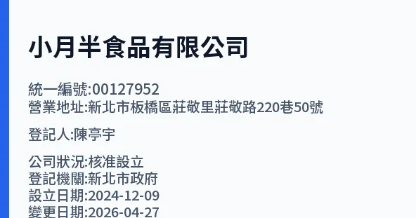 小月半食品有限公司的照片-統編 00127952(新北市) 公司登記資料與營業項目詳細圖表