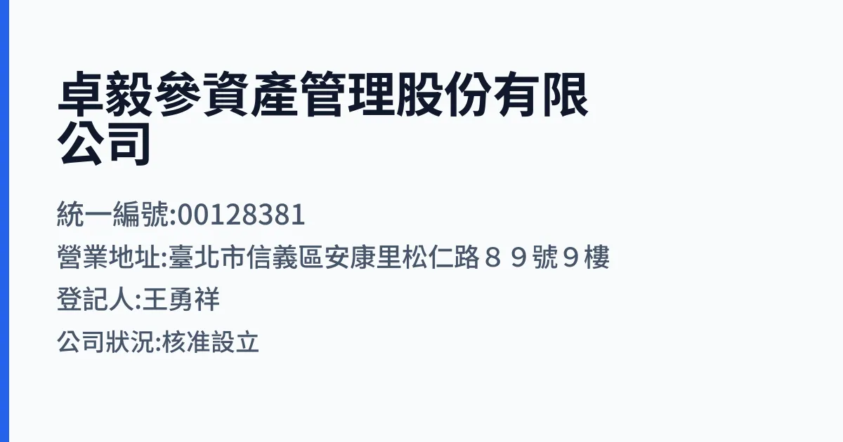 卓毅參資產管理股份有限公司 - 統編 00128381(臺北市) 公司登記資料與營業項目詳細圖表