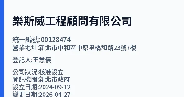 樂斯威工程顧問有限公司的照片-統編 00128474(新北市) 公司登記資料與營業項目詳細圖表