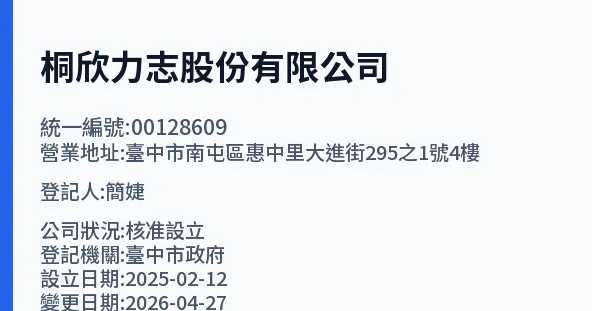 桐欣力志股份有限公司的照片-統編 00128609(臺中市) 公司登記資料與營業項目詳細圖表