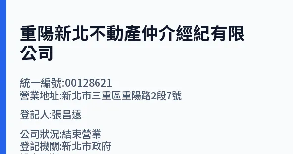 重陽新北不動產仲介經紀有限公司的照片-統編 00128621(新北市) 公司登記資料與營業項目詳細圖表