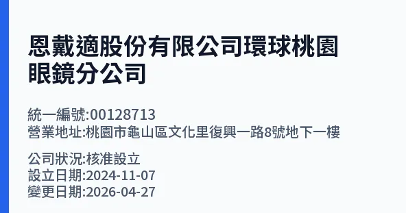 恩戴適股份有限公司環球桃園眼鏡分公司的照片-統編 00128713(桃園市) 公司登記資料與營業項目詳細圖表
