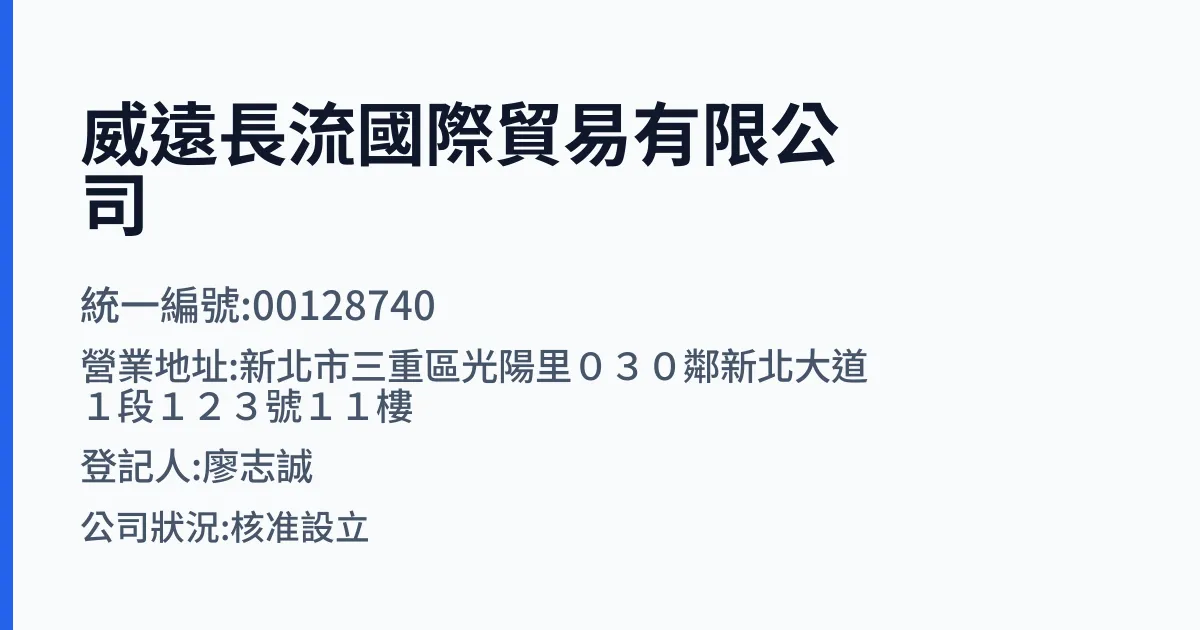 威遠長流國際貿易有限公司 - 統編 00128740(新北市) 公司登記資料與營業項目詳細圖表