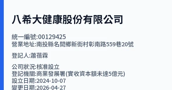 八希大健康股份有限公司的照片-統編 00129425(南投縣) 公司登記資料與營業項目詳細圖表