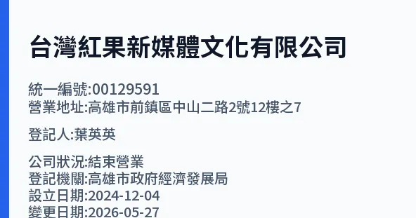台灣紅果新媒體文化有限公司的照片-統編 00129591(高雄市) 公司登記資料與營業項目詳細圖表
