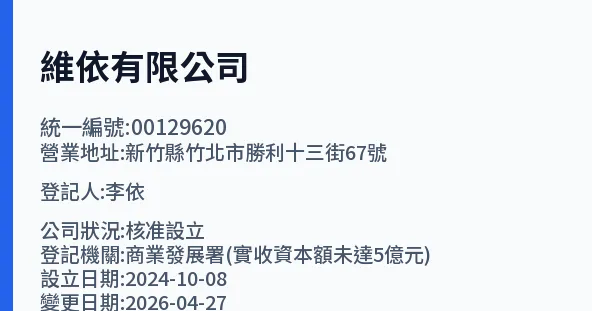 維依有限公司的照片-統編 00129620(新竹縣) 公司登記資料與營業項目詳細圖表