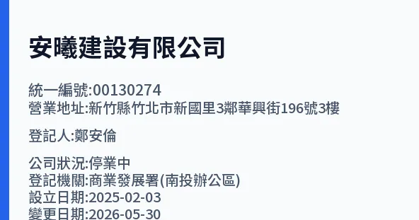 安曦建設有限公司的照片-統編 00130274(新竹縣) 公司登記資料與營業項目詳細圖表