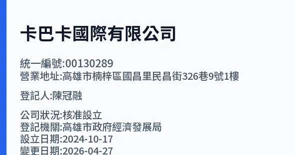 卡巴卡國際有限公司的照片-統編 00130289(高雄市) 公司登記資料與營業項目詳細圖表