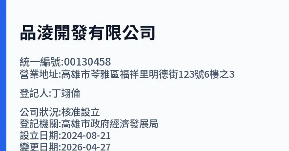 品淩開發有限公司的照片-統編 00130458(高雄市) 公司登記資料與營業項目詳細圖表