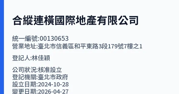 合縱連橫國際地產有限公司的照片-統編 00130653(臺北市) 公司登記資料與營業項目詳細圖表