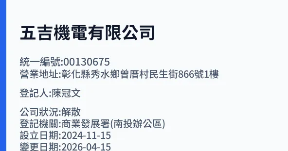 五吉機電有限公司的照片-統編 00130675(彰化縣) 公司登記資料與營業項目詳細圖表
