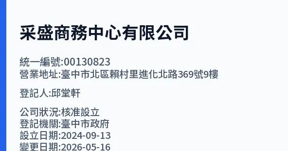 采盛商務中心有限公司的照片-統編 00130823(臺中市) 公司登記資料與營業項目詳細圖表