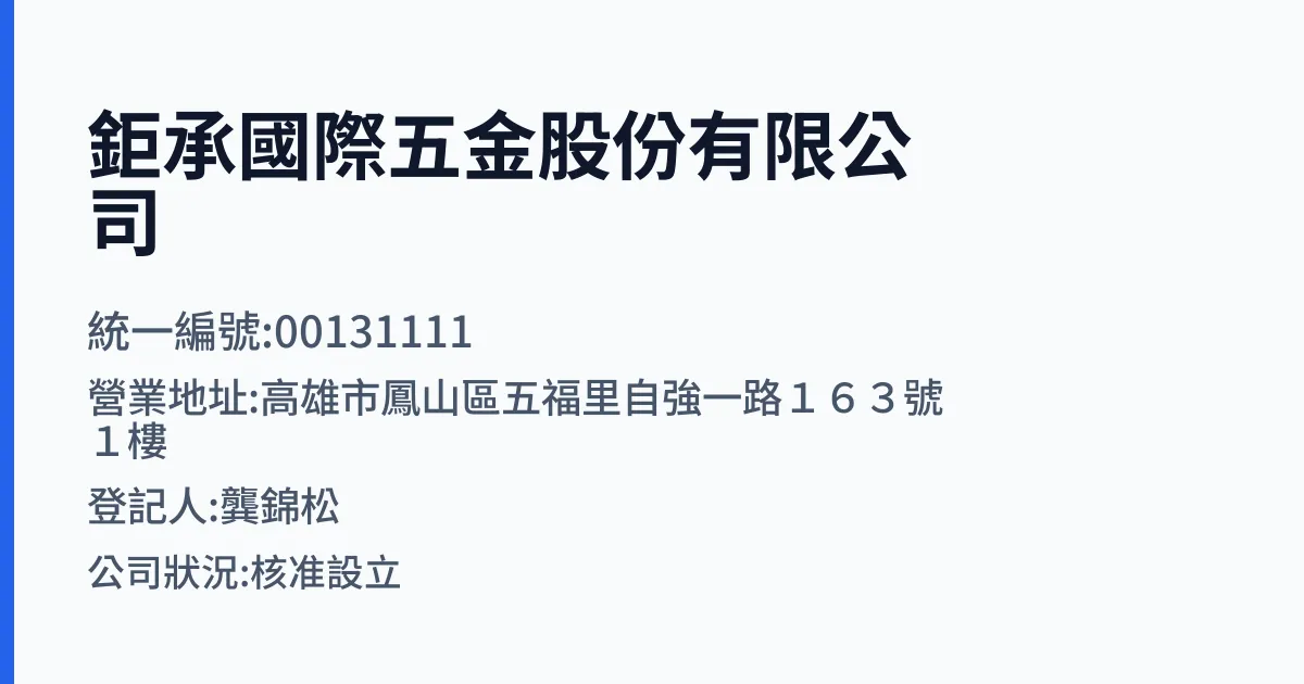 鉅承國際五金股份有限公司 - 統編 00131111(高雄市) 公司登記資料與營業項目詳細圖表
