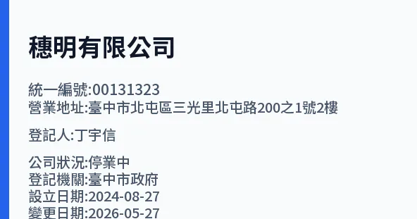 穗明有限公司的照片-統編 00131323(臺中市) 公司登記資料與營業項目詳細圖表