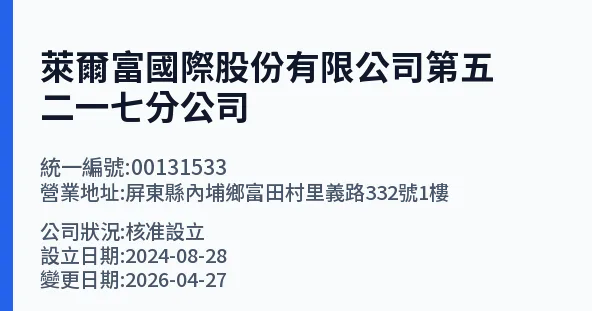 萊爾富國際股份有限公司第五二一七分公司的照片-統編 00131533(屏東縣) 公司登記資料與營業項目詳細圖表