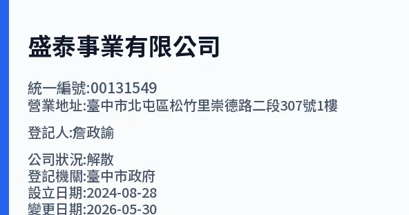 盛泰事業有限公司的照片-統編 00131549(臺中市) 公司登記資料與營業項目詳細圖表