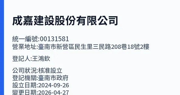 成嘉建設股份有限公司的照片-統編 00131581(臺南市) 公司登記資料與營業項目詳細圖表