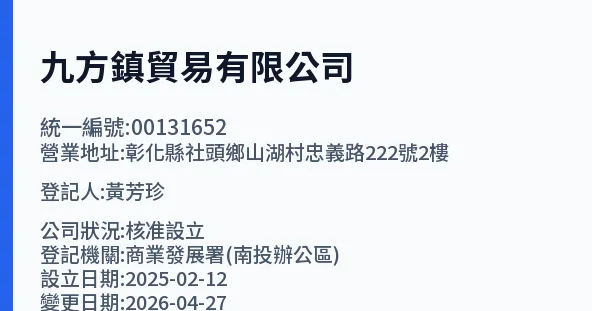 九方鎮貿易有限公司的照片-統編 00131652(彰化縣) 公司登記資料與營業項目詳細圖表