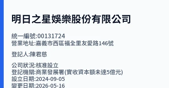 明日之星娛樂股份有限公司的照片-統編 00131724(嘉義市) 公司登記資料與營業項目詳細圖表
