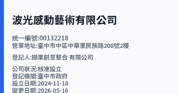 波光感動藝術有限公司的照片-統編 00132218(臺中市) 公司登記資料與營業項目詳細圖表