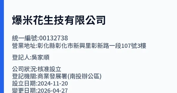 爆米花生技有限公司的照片-統編 00132738(彰化縣) 公司登記資料與營業項目詳細圖表