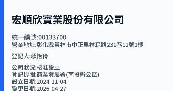 宏順欣實業股份有限公司的照片-統編 00133700(彰化縣) 公司登記資料與營業項目詳細圖表