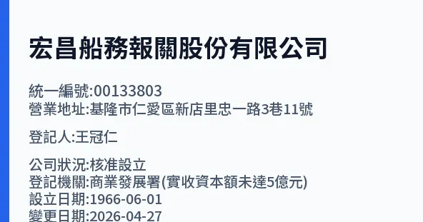 宏昌船務報關股份有限公司的照片-統編 00133803(基隆市) 公司登記資料與營業項目詳細圖表