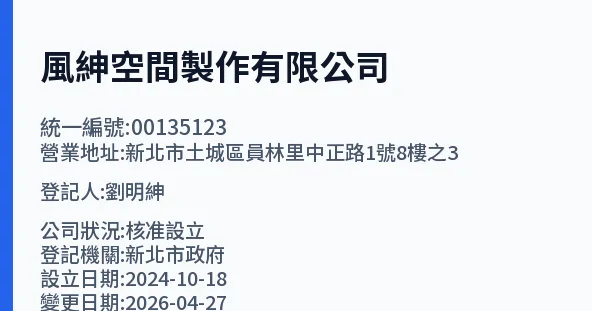 風紳空間製作有限公司的照片-統編 00135123(新北市) 公司登記資料與營業項目詳細圖表