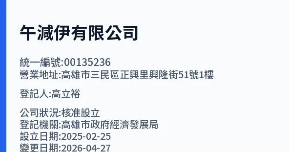 午減伊有限公司的照片-統編 00135236(高雄市) 公司登記資料與營業項目詳細圖表