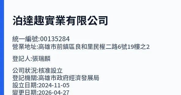 泊達趣實業有限公司的照片-統編 00135284(高雄市) 公司登記資料與營業項目詳細圖表
